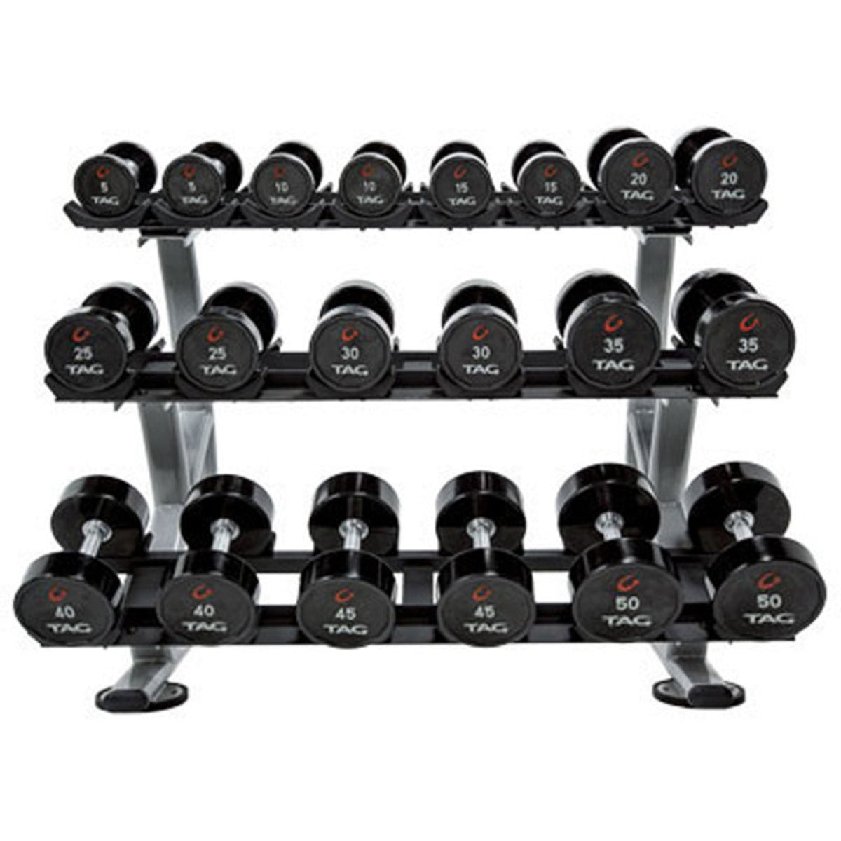 TAG Fitness Urethane Dumbbells & Rack (5-50 lbs) - Gym Emotion