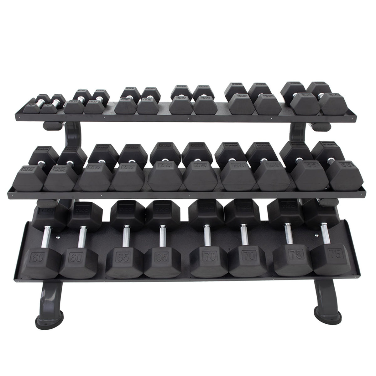 TKO Rubber Hex Dumbbells w/ 3-Tier Horizontal DB Rack (5-75 lbs) - Gym ...
