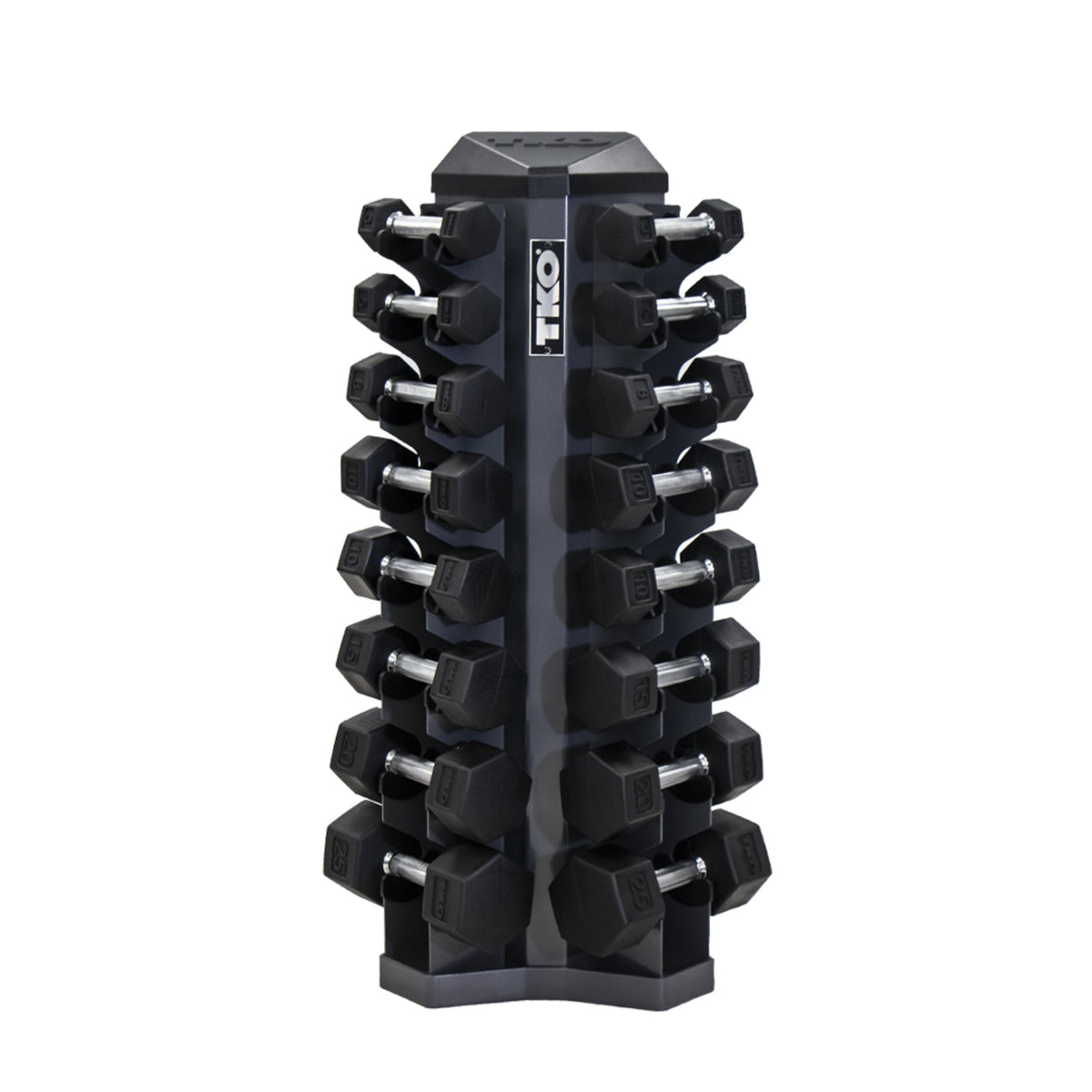 TKO Rubber Hex Dumbbells w/ 8pr Vertical DB Rack (3-25 lbs) - Gym Emotion