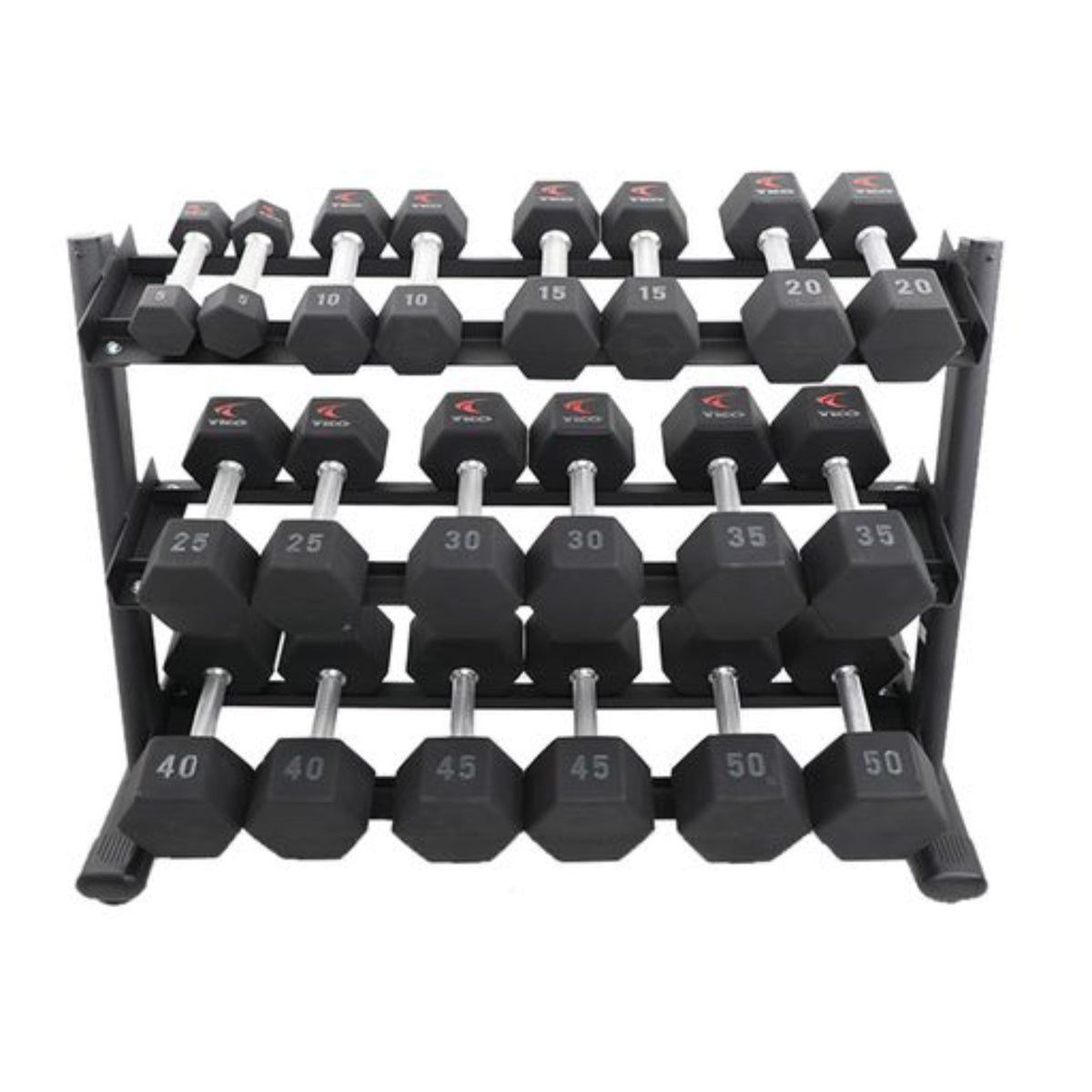 TKO Urethane Hex Tri-grip Handle Dumbbells w/ 3-Tier Rail Rack (5-50 ...