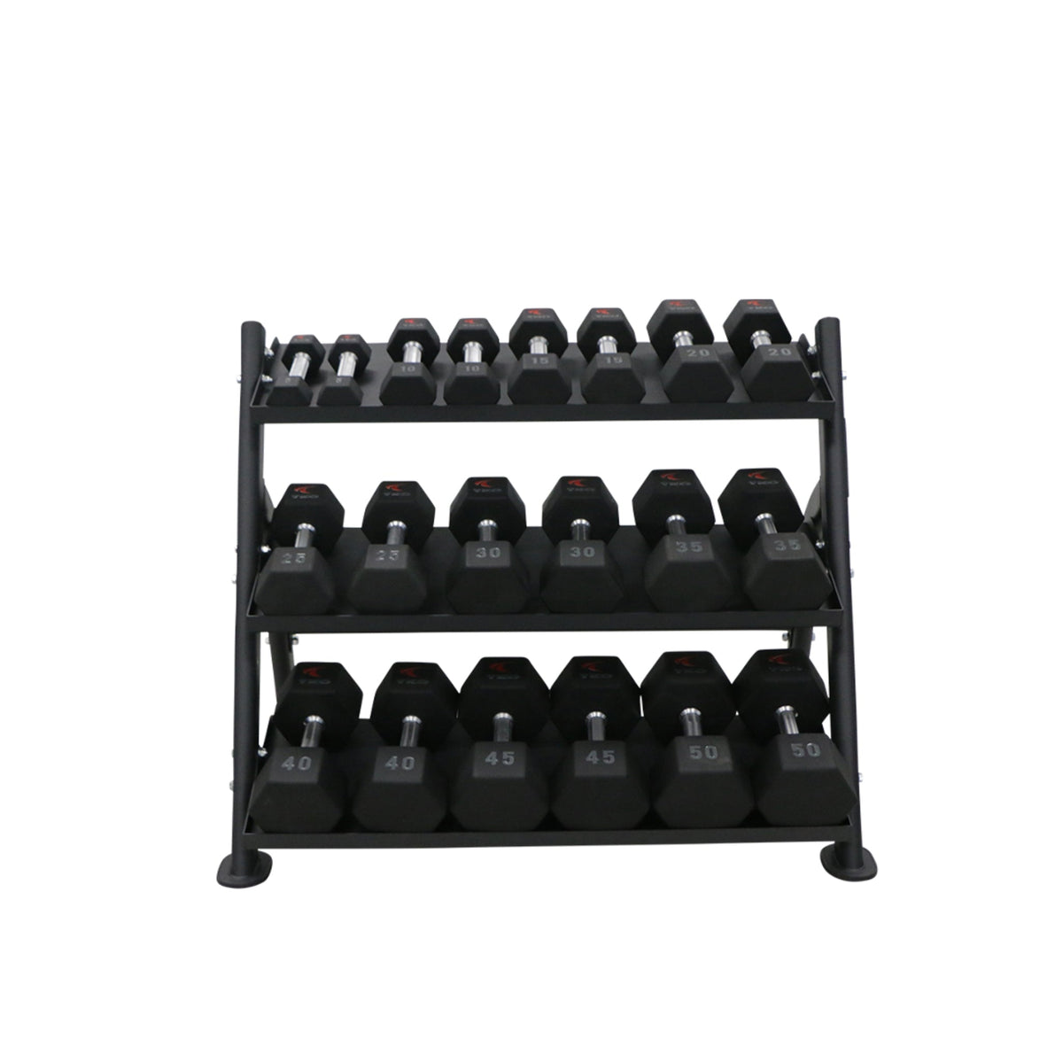 TKO Urethane Hex Tri-grip Handle Dumbbells w/ 3-Tier Tray Rack (5-50 ...