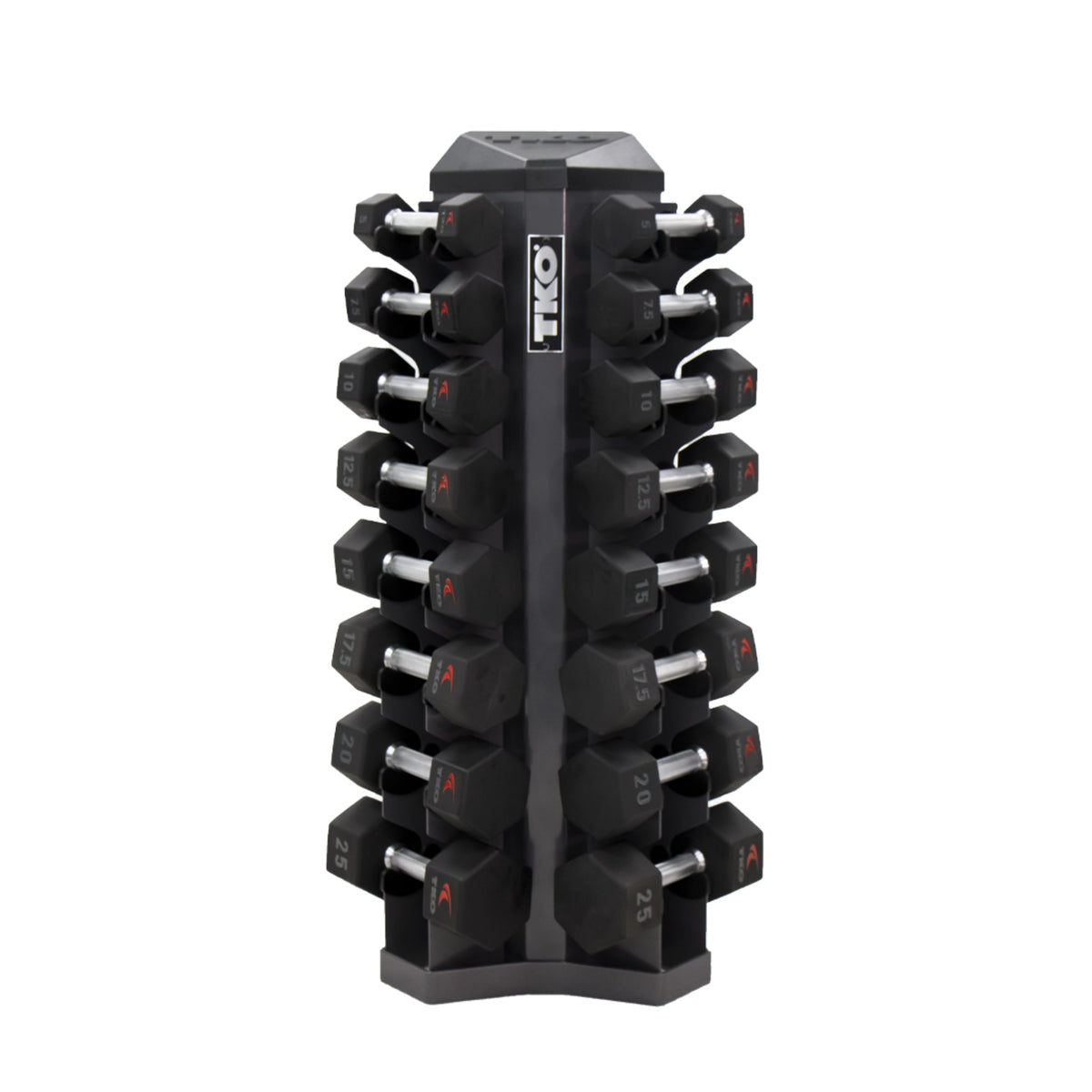 TKO Urethane Hex Tri-grip Handle Dumbbells w/ 8pr Vertical DB Rack (5 ...