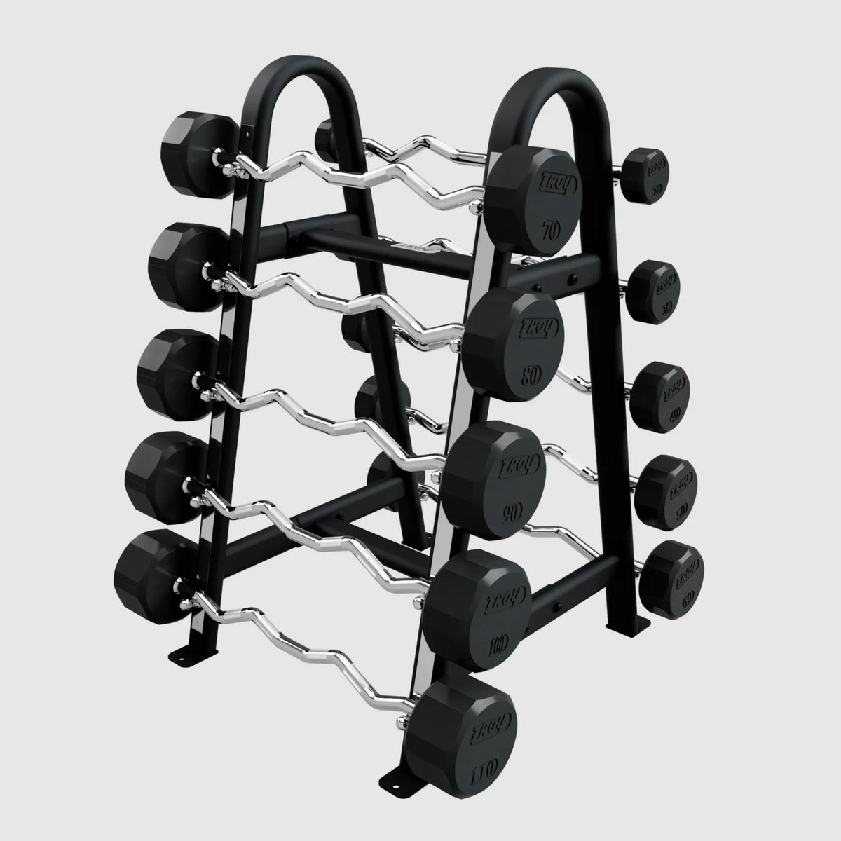 TROY 12-Sided Rubber (EZ Curl) Barbell Set with Rack (20-110 lbs ...